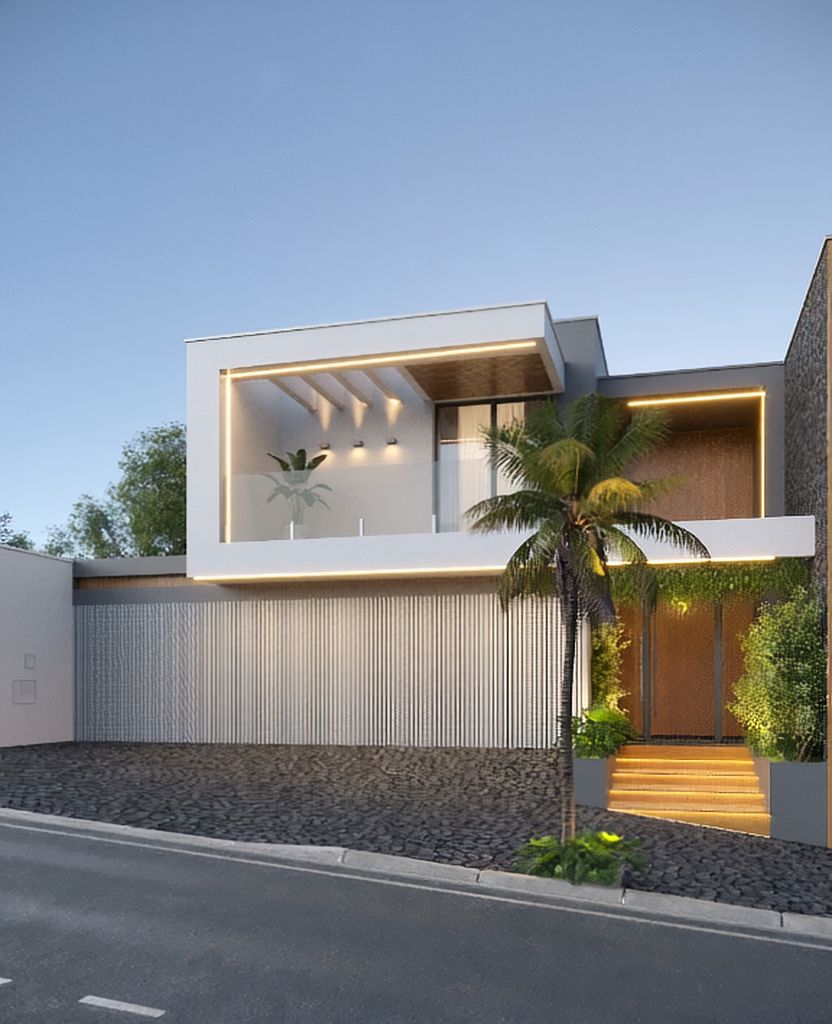AI-Generated Modern House, Flat Roof, Glass Windows, Dusk Setting ...