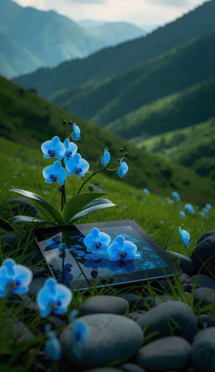 A cracked tablet nestled in the lush green hills, its screen glowing ...