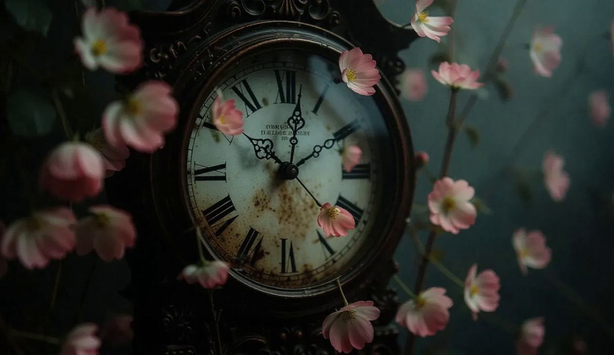 An antique clock, its glass dull, with drooping petals drifting away ...