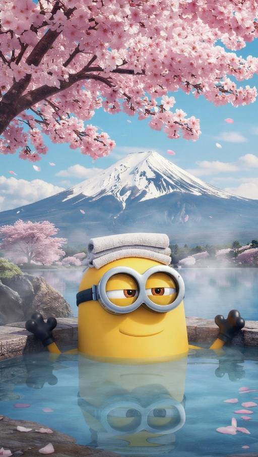 AI-Generated Minion in Hot Spring with Falling Cherry Blossoms Images ...