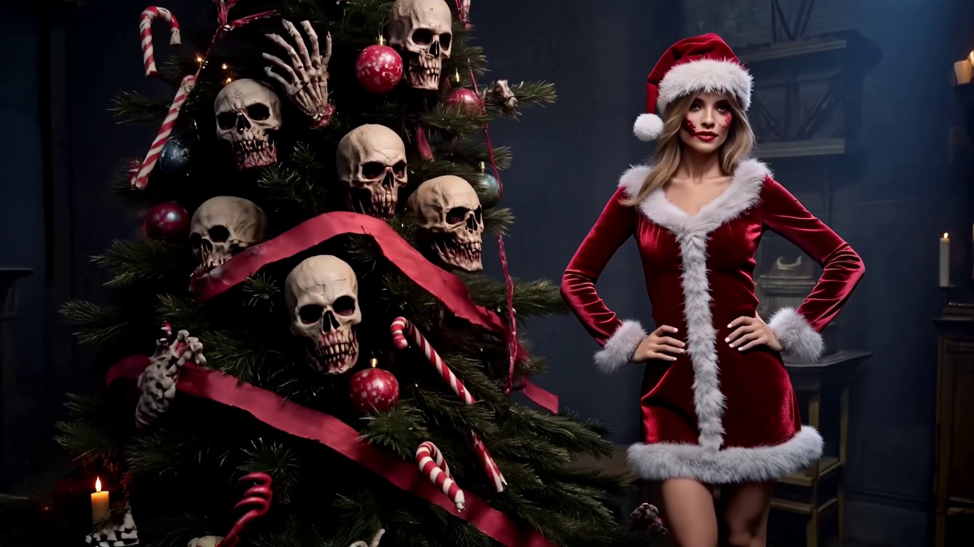The pretty, non-zombie female Santa Claus moves slowly and lasciviously ...