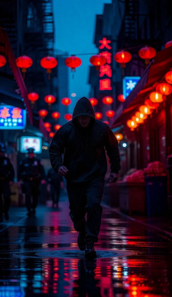 A fugitive in a distressed hoodie hurries through a rain-soaked ...