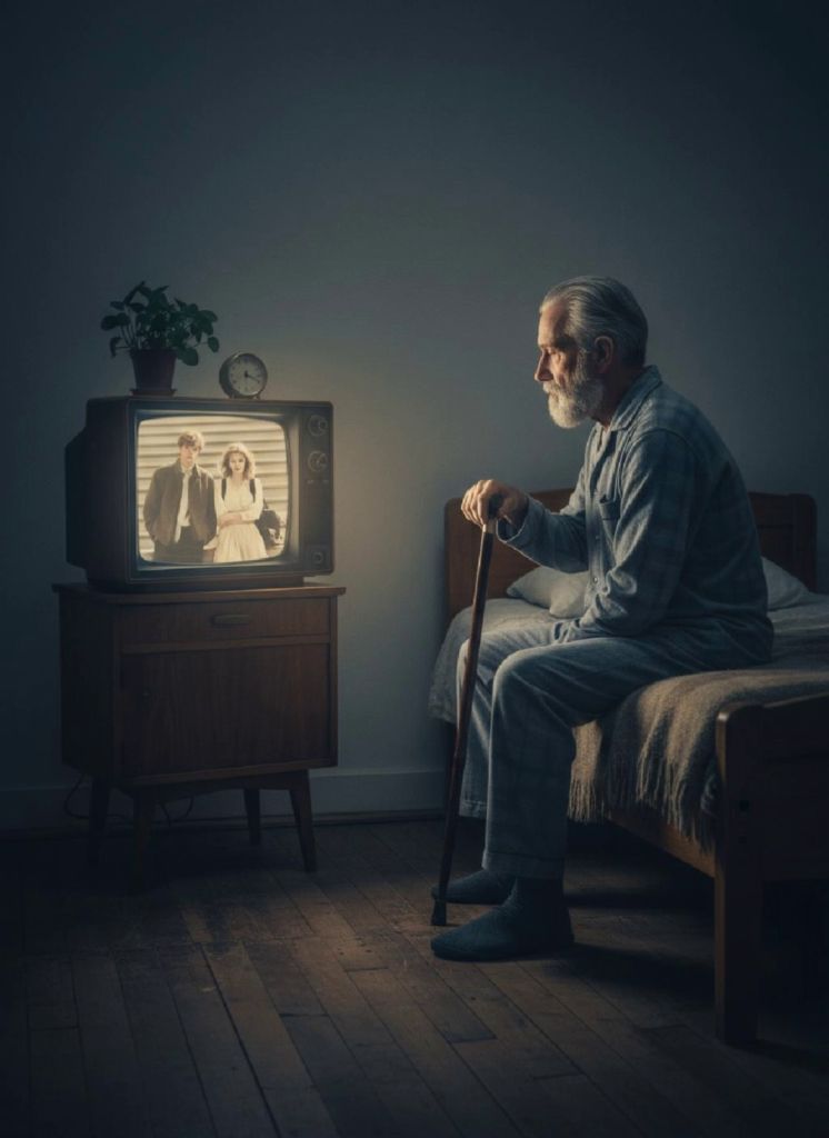 A cinematic and emotional scene of an old man sitting alone in a dimly ...