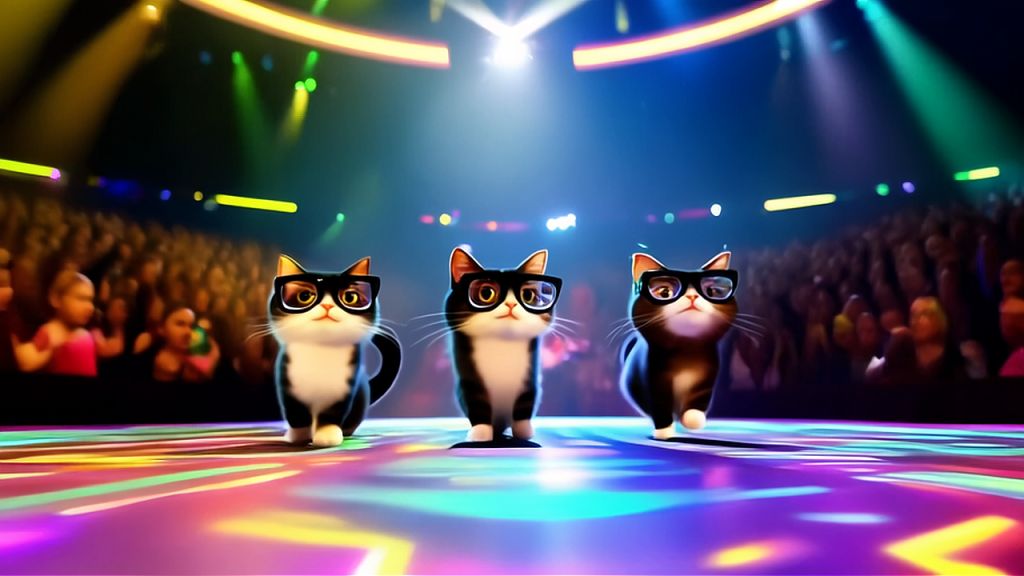 AI-Generated Dancing Cats in Black Glasses on Stage with Colorful ...