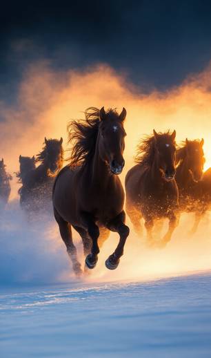 AI-Generated Herd of Horses Running in Snowy Landscape Images/Videos ...
