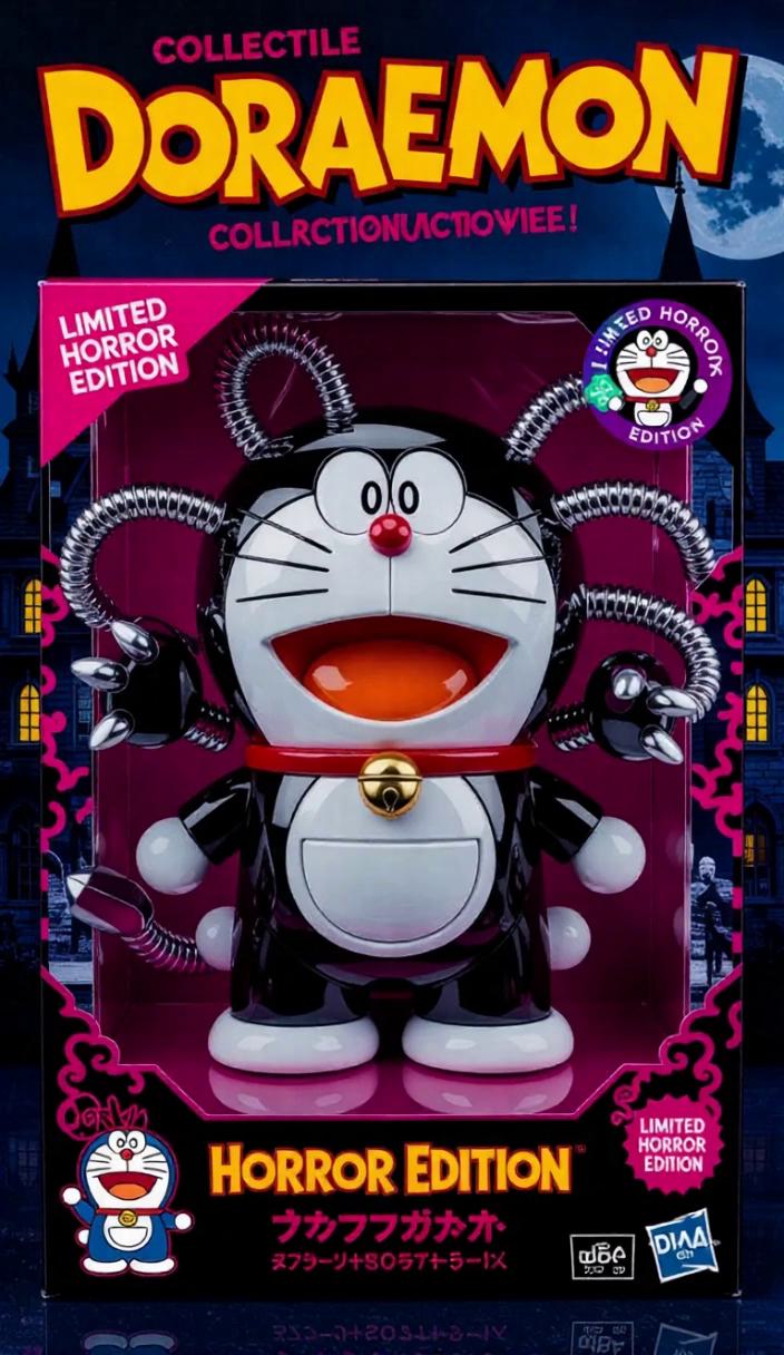An anime-inspired collectible action figure of Doraemon in a horror ...