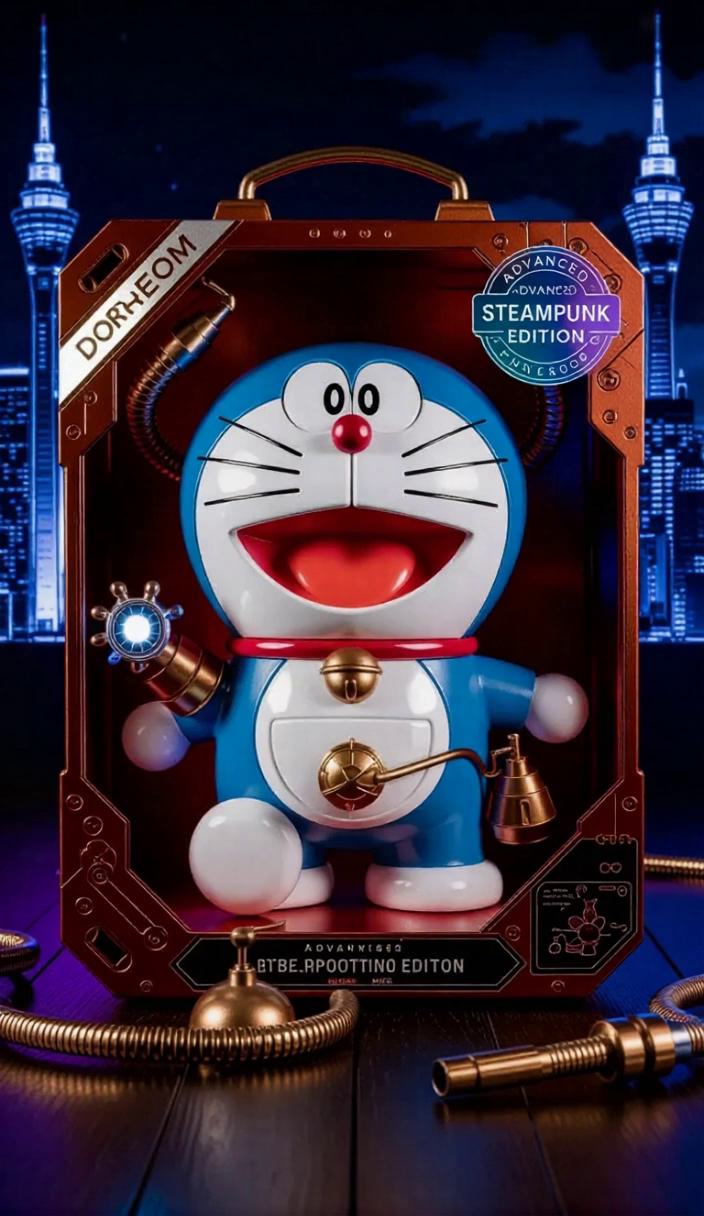 A steampunk-inspired collectible action figure of Doraemon, packaged in ...