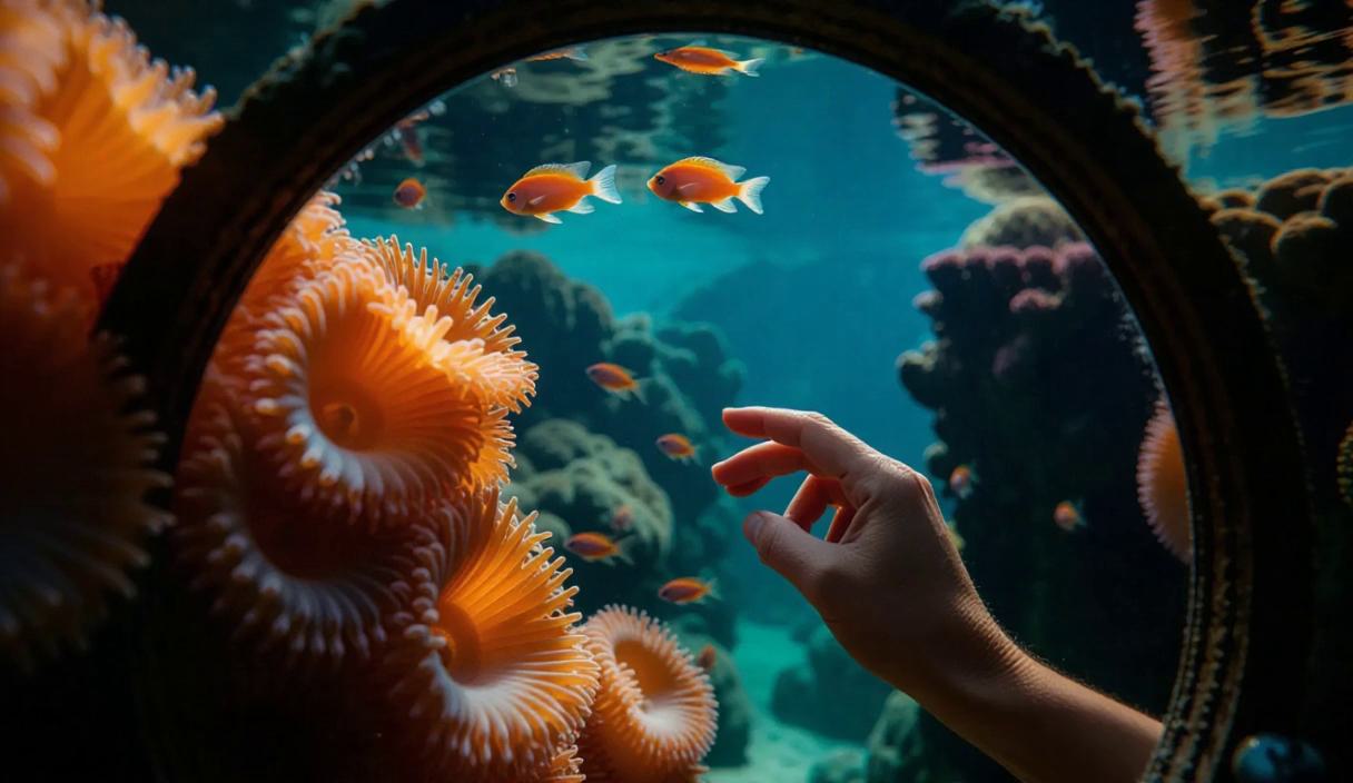 Top-down view of underwater explorer touching anemones near dramatic ...