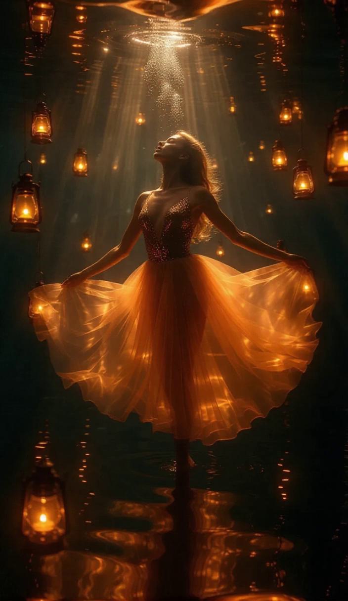 Surreal underwater ballet dancer, composed of shimmering water and ...