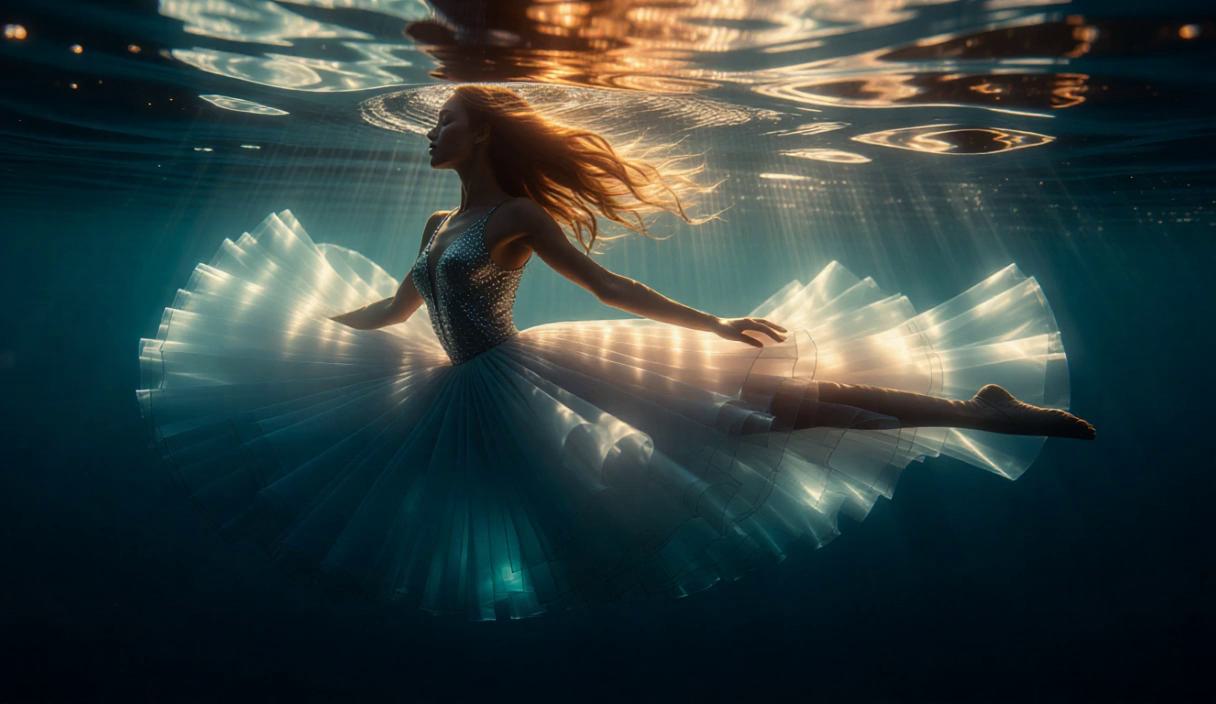 Surreal underwater ballet dancer, composed of shimmering water and ...