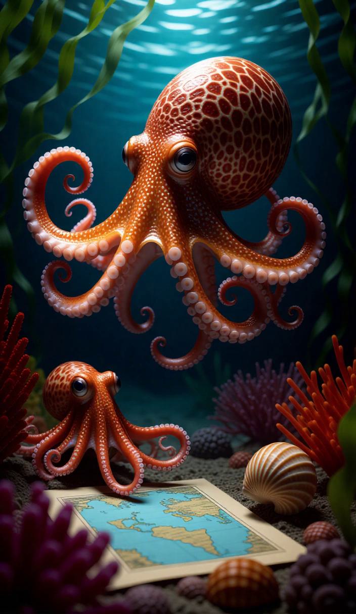 A mysterious underwater detective scene, an agile cuttlefish ...