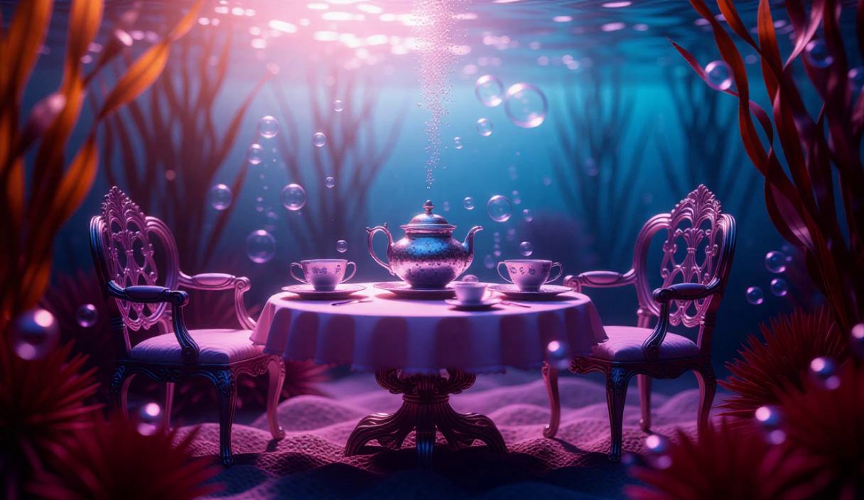 Surreal underwater tea party, floating treasures and chairs, dreamlike ...