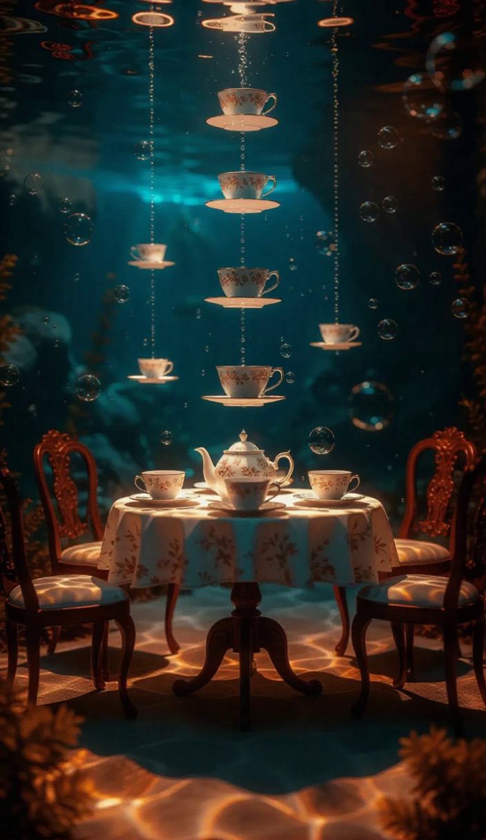 Surreal underwater tea party, floating teacups and chairs, warm colors ...