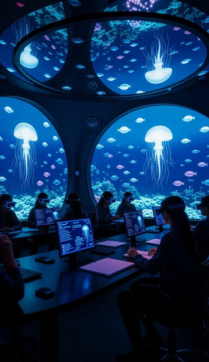 Futuristic underwater dome classroom, holographic screens vividly ...