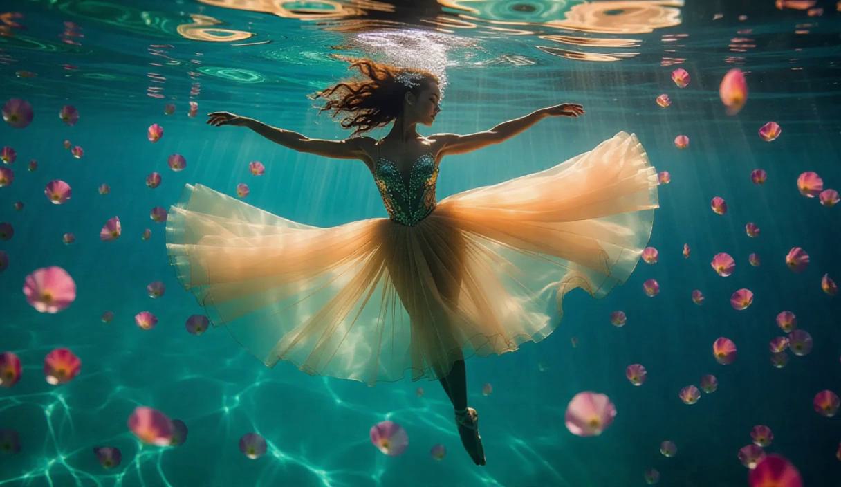 Surreal underwater ballet dancer, composed of shimmering water and ...
