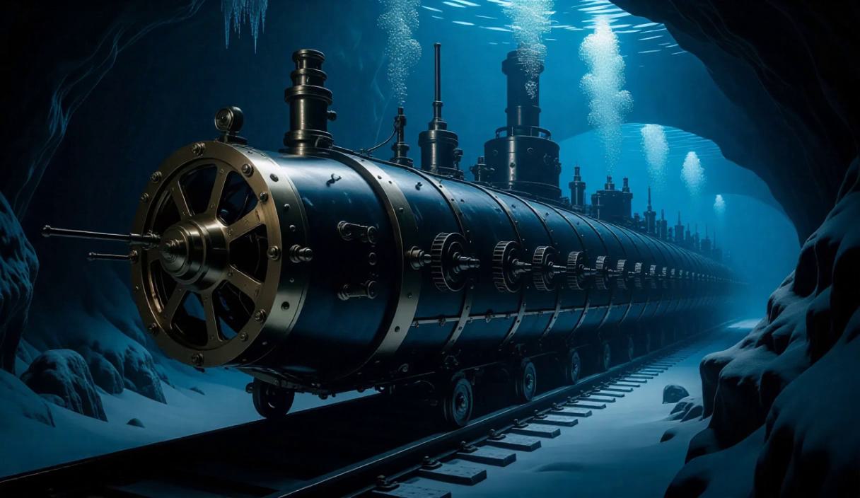 Dutch angle shot of a Victorian submarine traversing through frozen ...