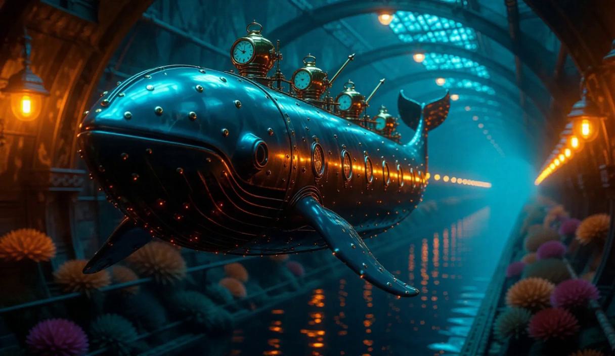 Steampunk whale-bus rushing through neo-gothic coral tunnels, narwhal ...