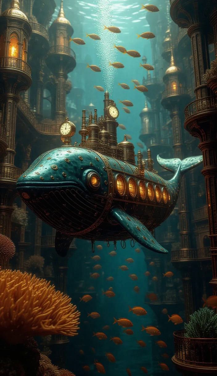Steampunk whale-bus gliding through neo-gothic coral spires, seahorse ...
