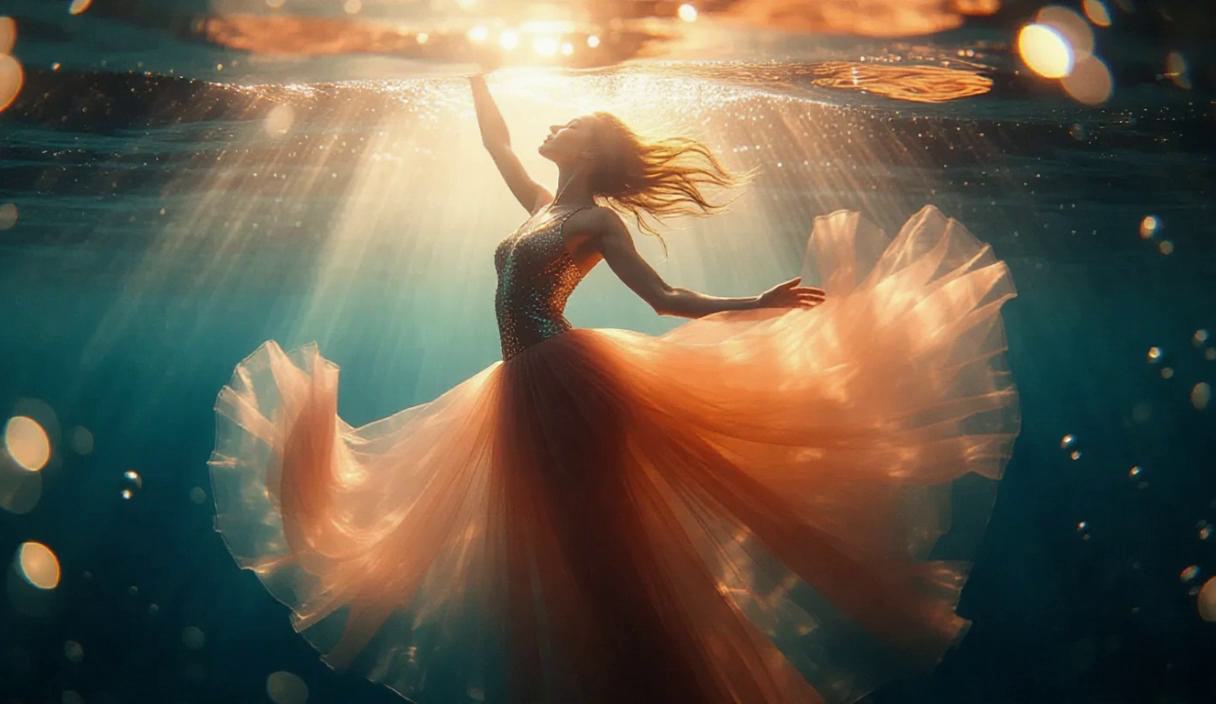 Surreal underwater ballet dancer, composed of shimmering water and ...
