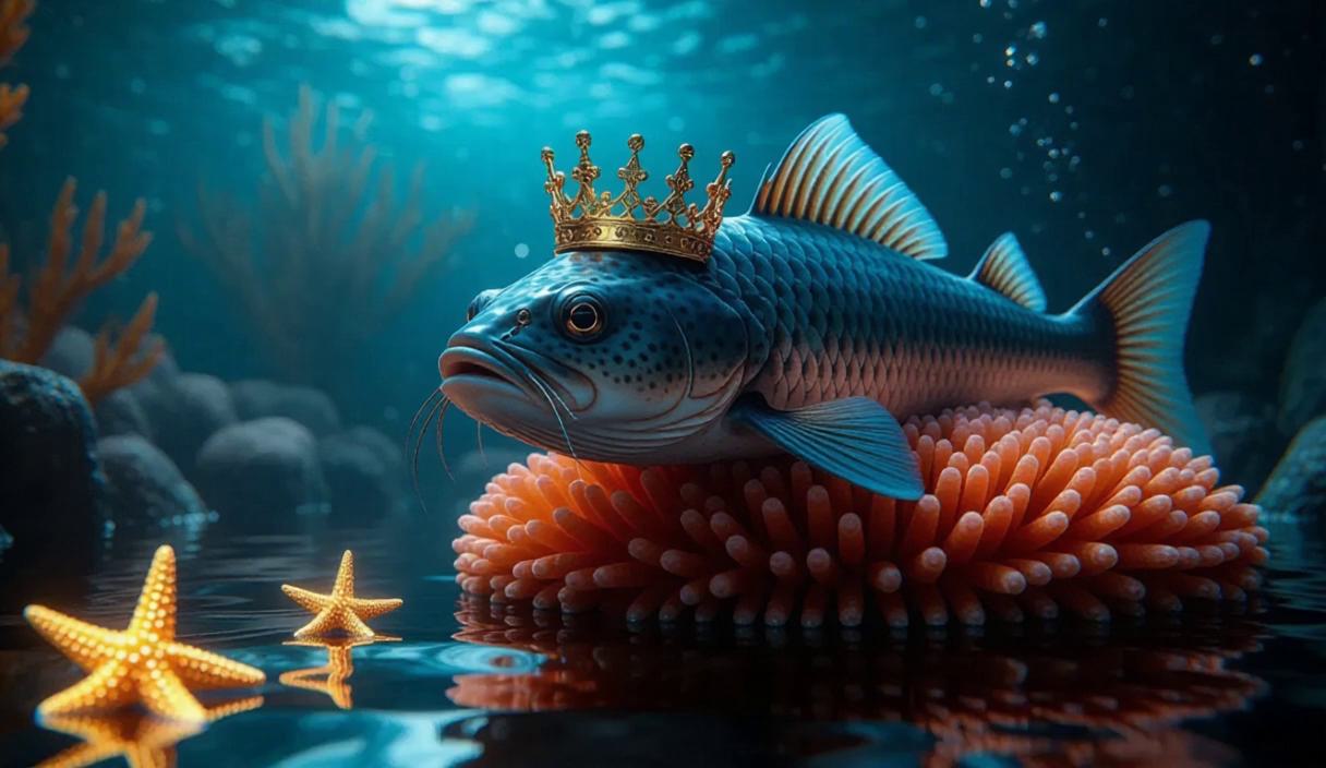 A stunning mystical catfish embellished with a golden crown, resting ...