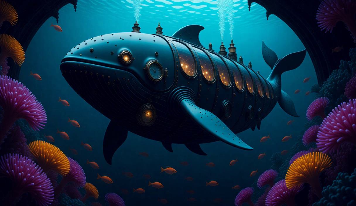 Steampunk whale-bus gliding through neo-gothic coral pools, lobster ...
