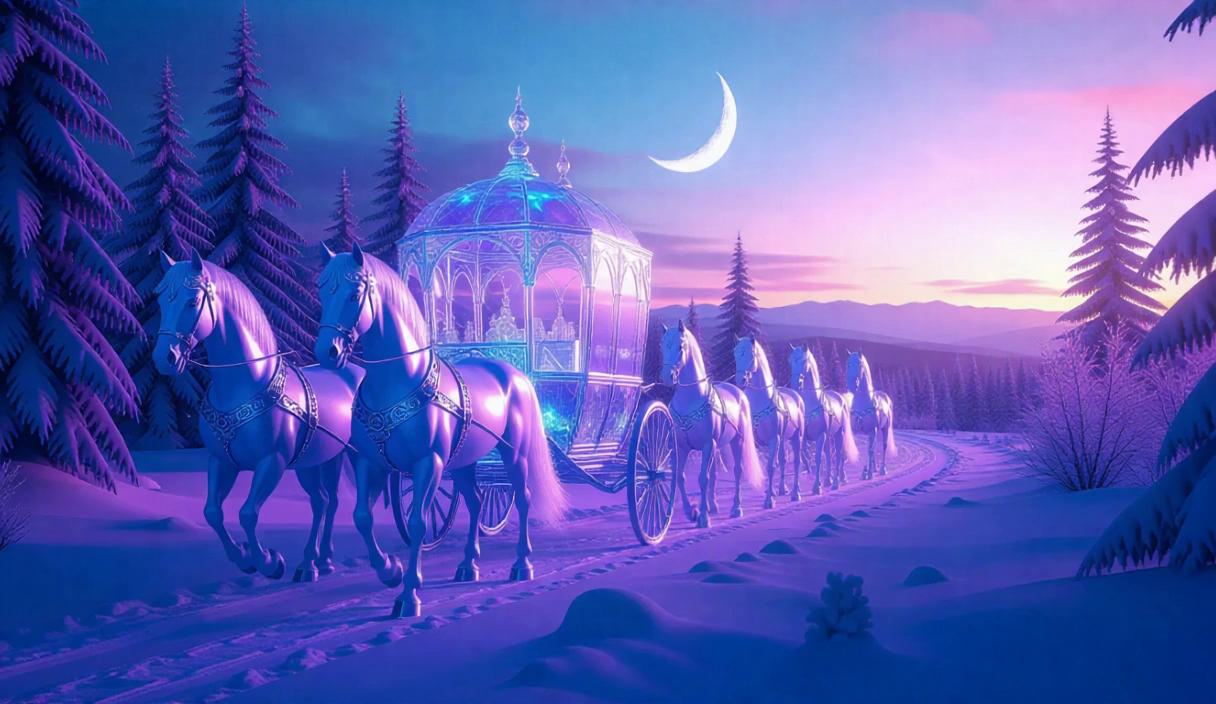 A dreamlike crystal carriage, shimmering with iridescent hues, pulled ...