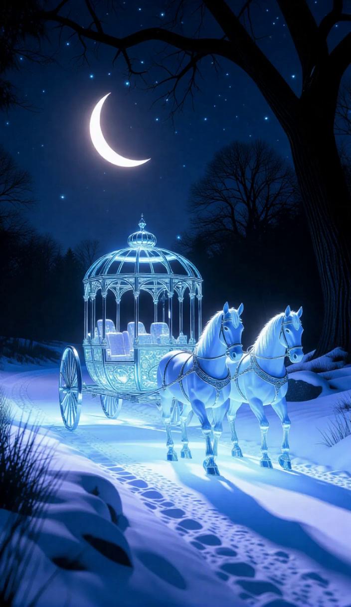 A dreamlike crystal carriage, shimmering with iridescent hues, pulled ...