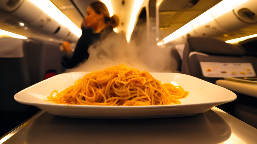 AI-Generated Steaming Spaghetti Airplane Cabin Tracking Shot Stewardess ...