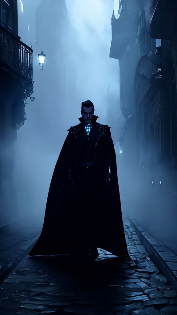 AI-Generated Cybernetic Vampire, Futuristic Victorian City & Smoke Fog ...