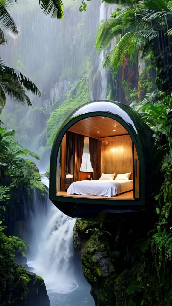AI-Generated Rainforest, Waterfall, Cliffside Glass-Walled Pod Bedroom ...