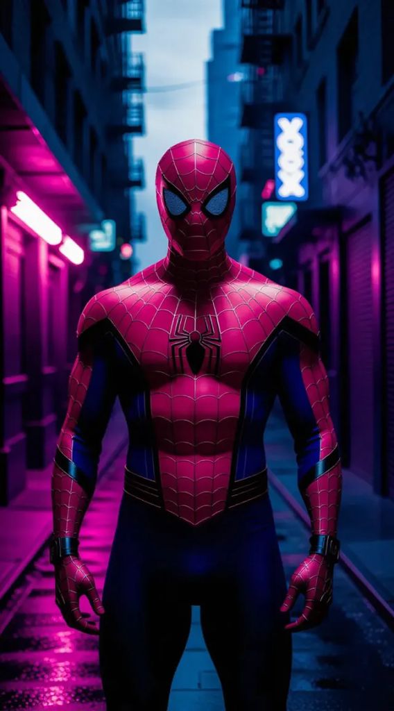 A muscular male Spider-Man walks alone in a cyberpunk alley surrounded ...